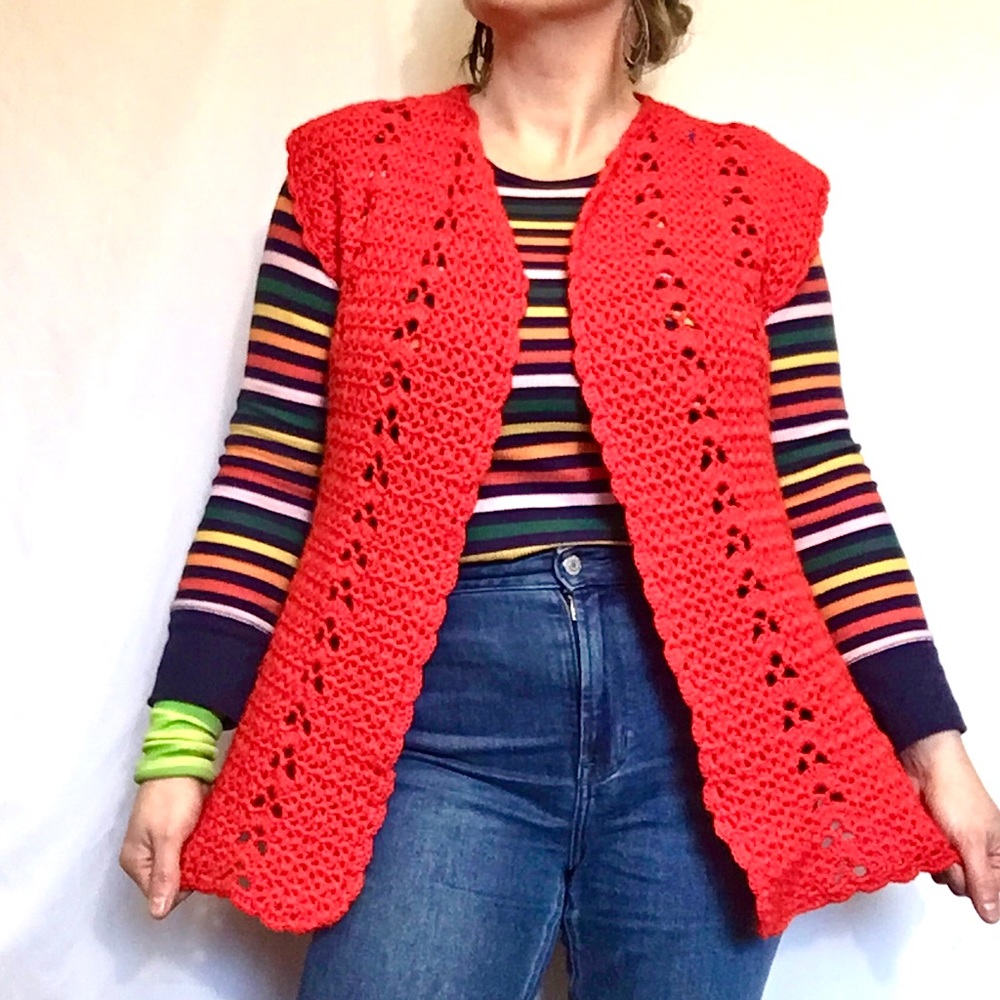 Vintage Crochet Candy Apple Red Vest - Gem